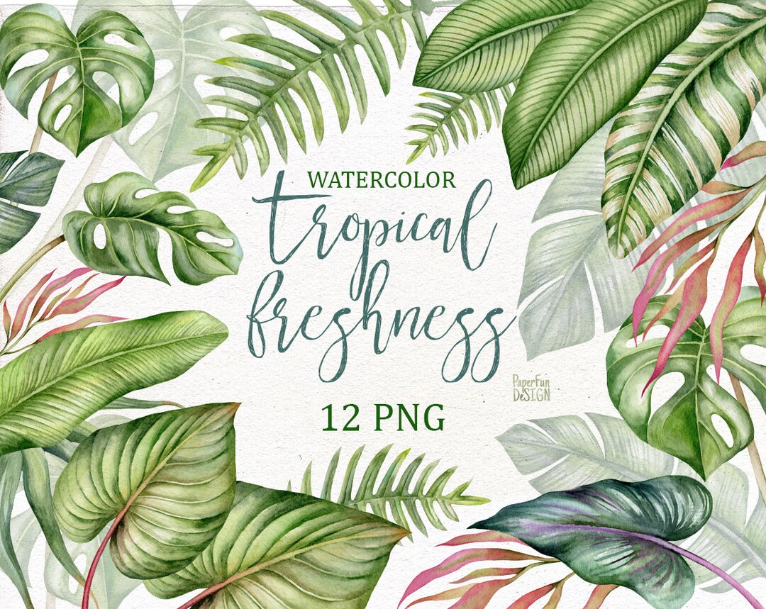 Watercolor Tropical Clipart. Hand Painted Palm Leaves Clip Art. Hawaii ...