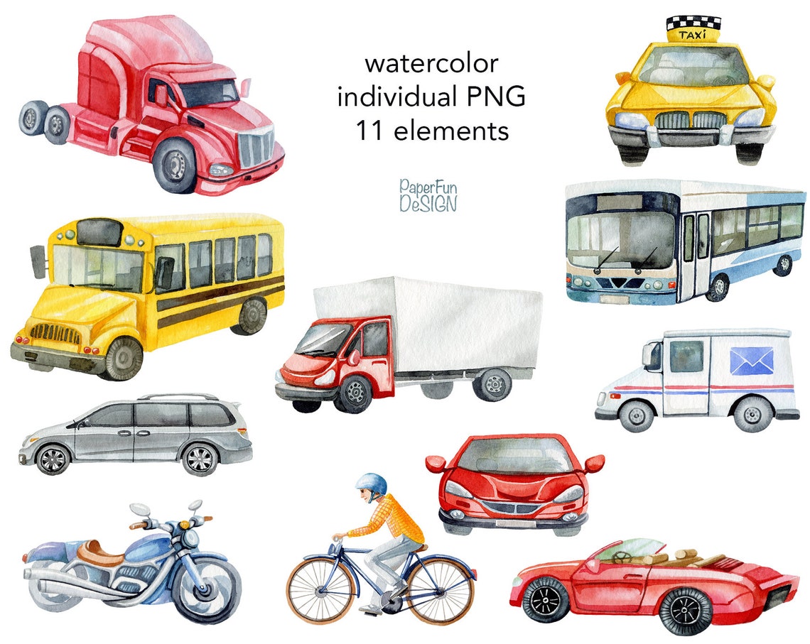 Watercolor Cars Digital Clip Art, Transportation Clipart, Blue Red ...