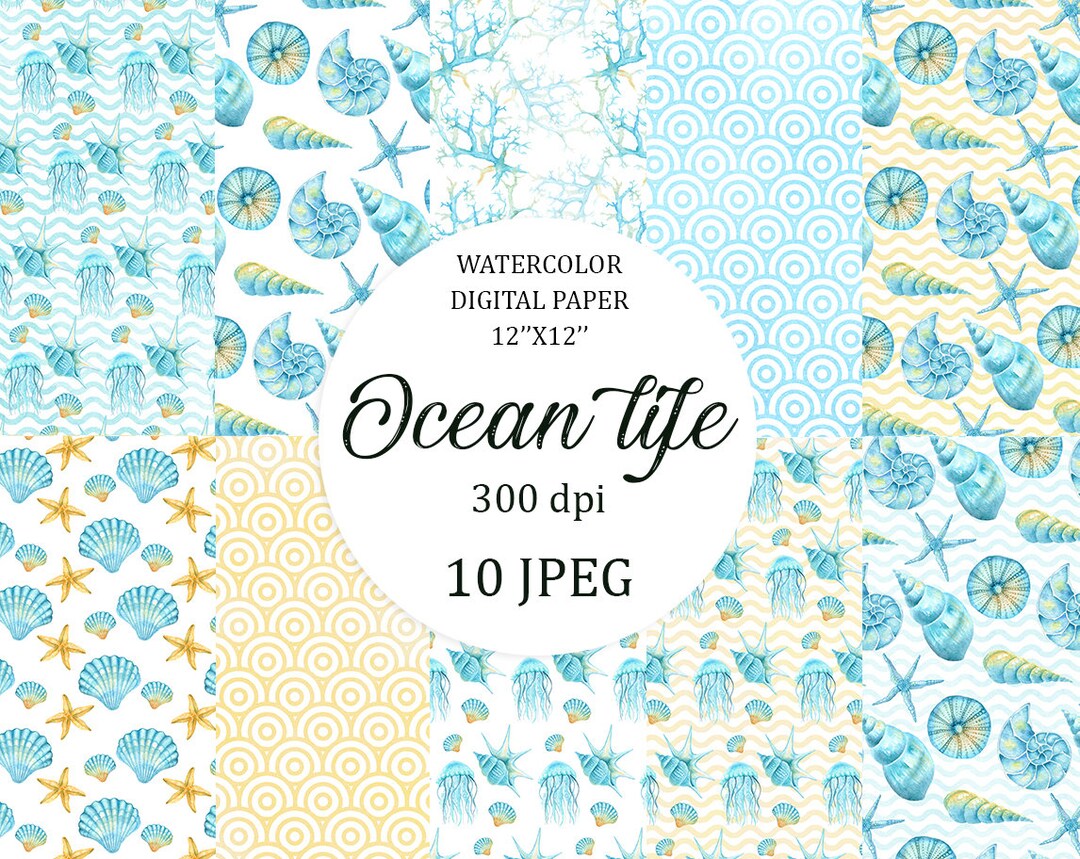 Nautical Digital Scrapbook Paper. Blue Sea Water, Weaves, Fish, Shell ...