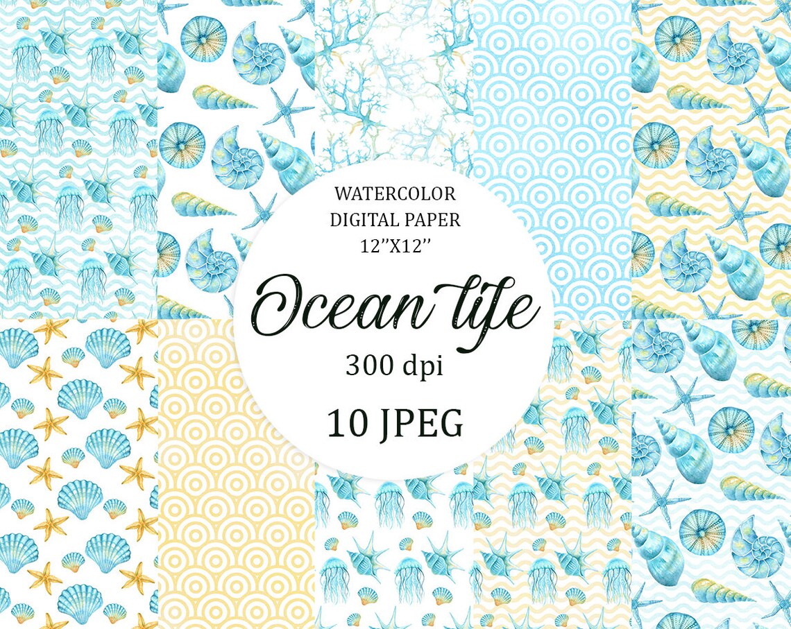 Nautical Digital Scrapbook Paper. Blue Sea Water, Weaves, Fish, Shell ...