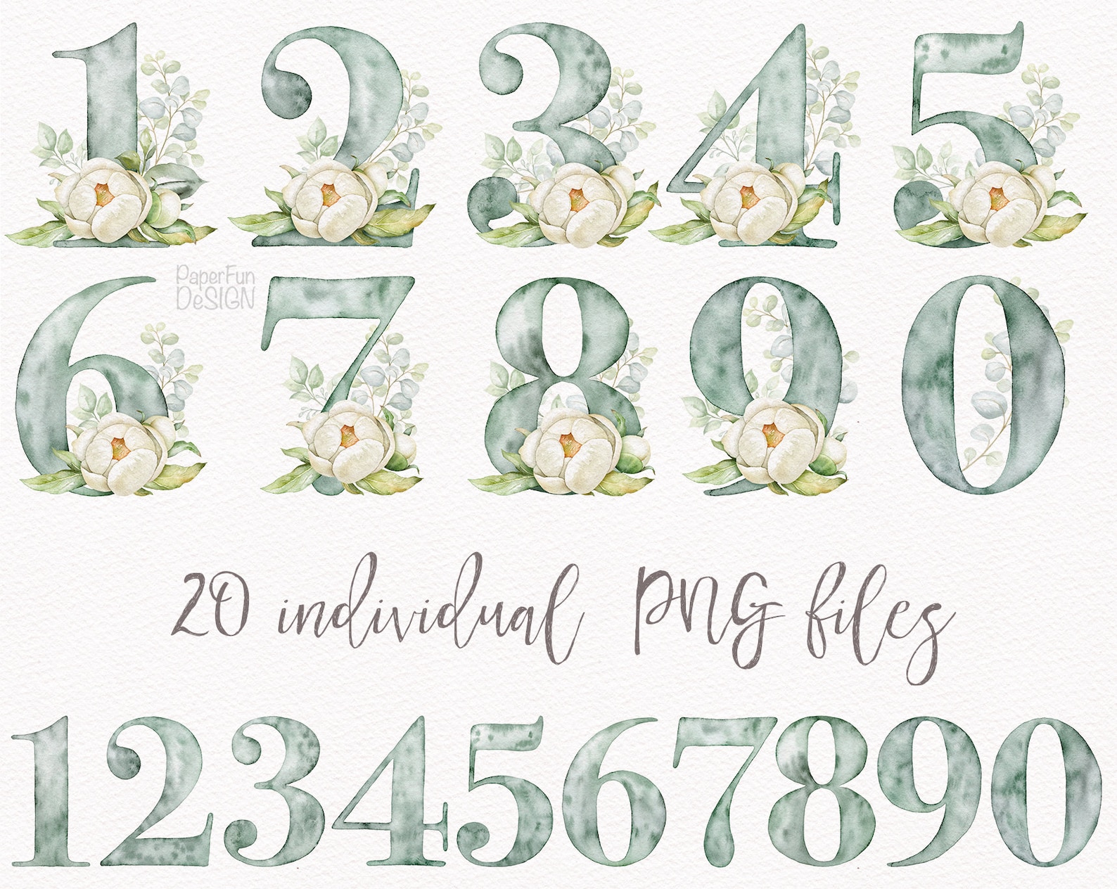 Watercolor Numbers Clipart Floral Number Clip Art. Green Mint - Etsy