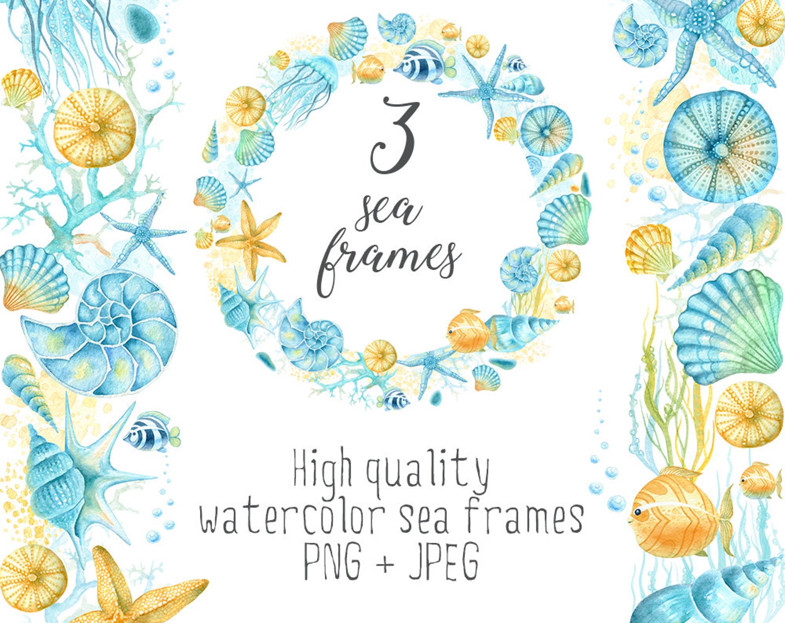 Underwater Watercolor Frame, Sea Life Border, Nautical Frame, Circle ...