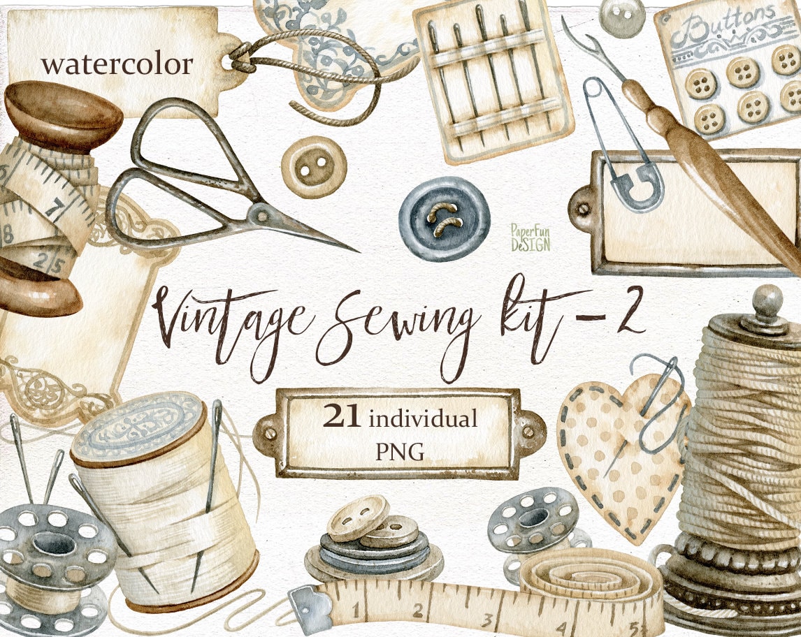 Watercolor Vintage Sewing Clip Art. Branding Kit Old - Etsy Singapore