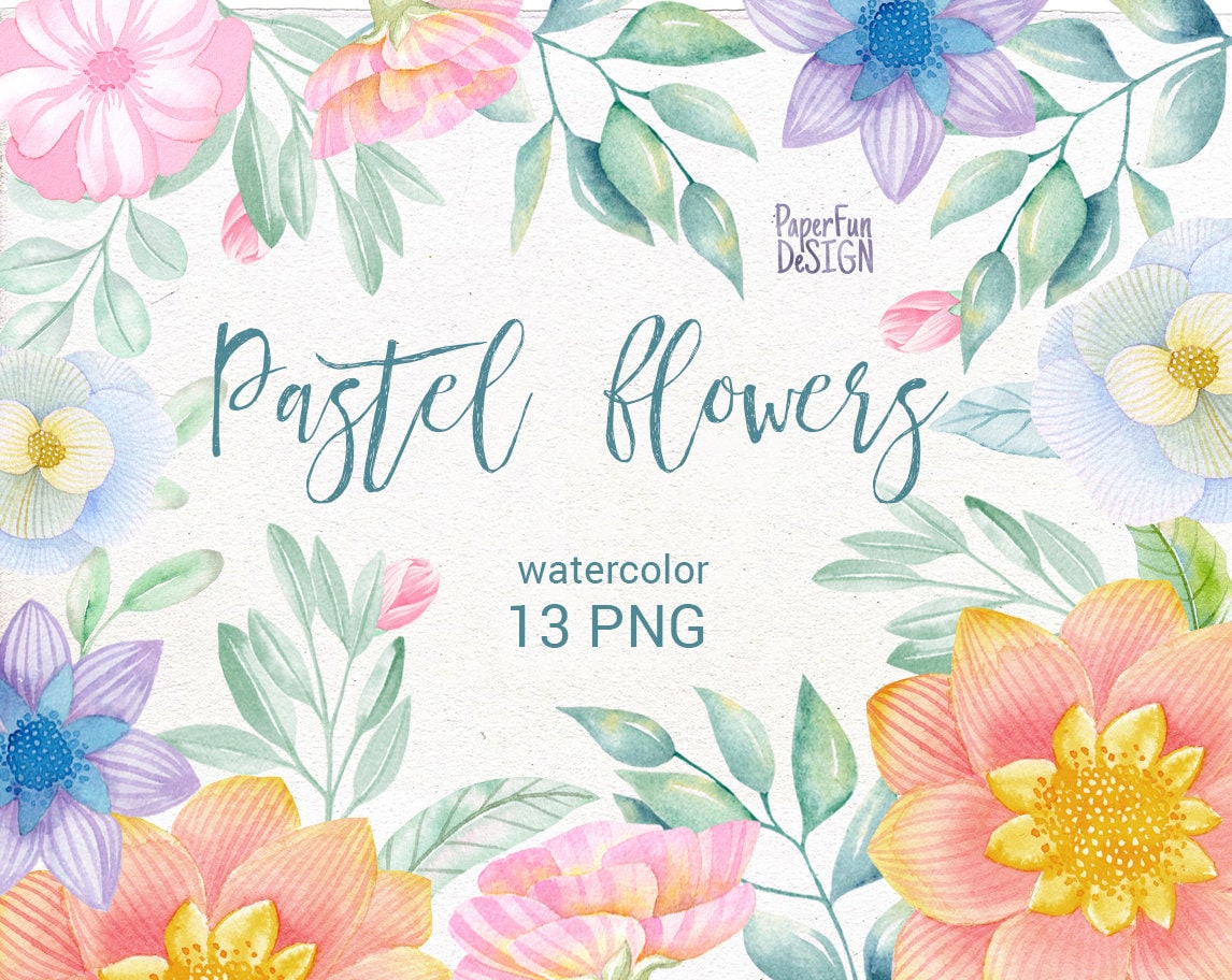 Watercolor Pastel Flowers. High Resolution Floral Clipart. - Etsy