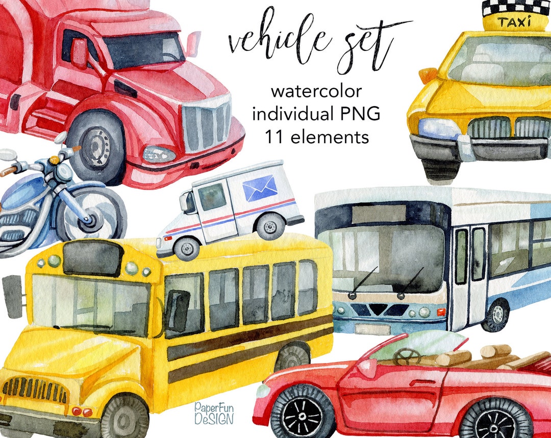 Watercolor Cars Digital Clip Art, Transportation Clipart, Blue Red ...