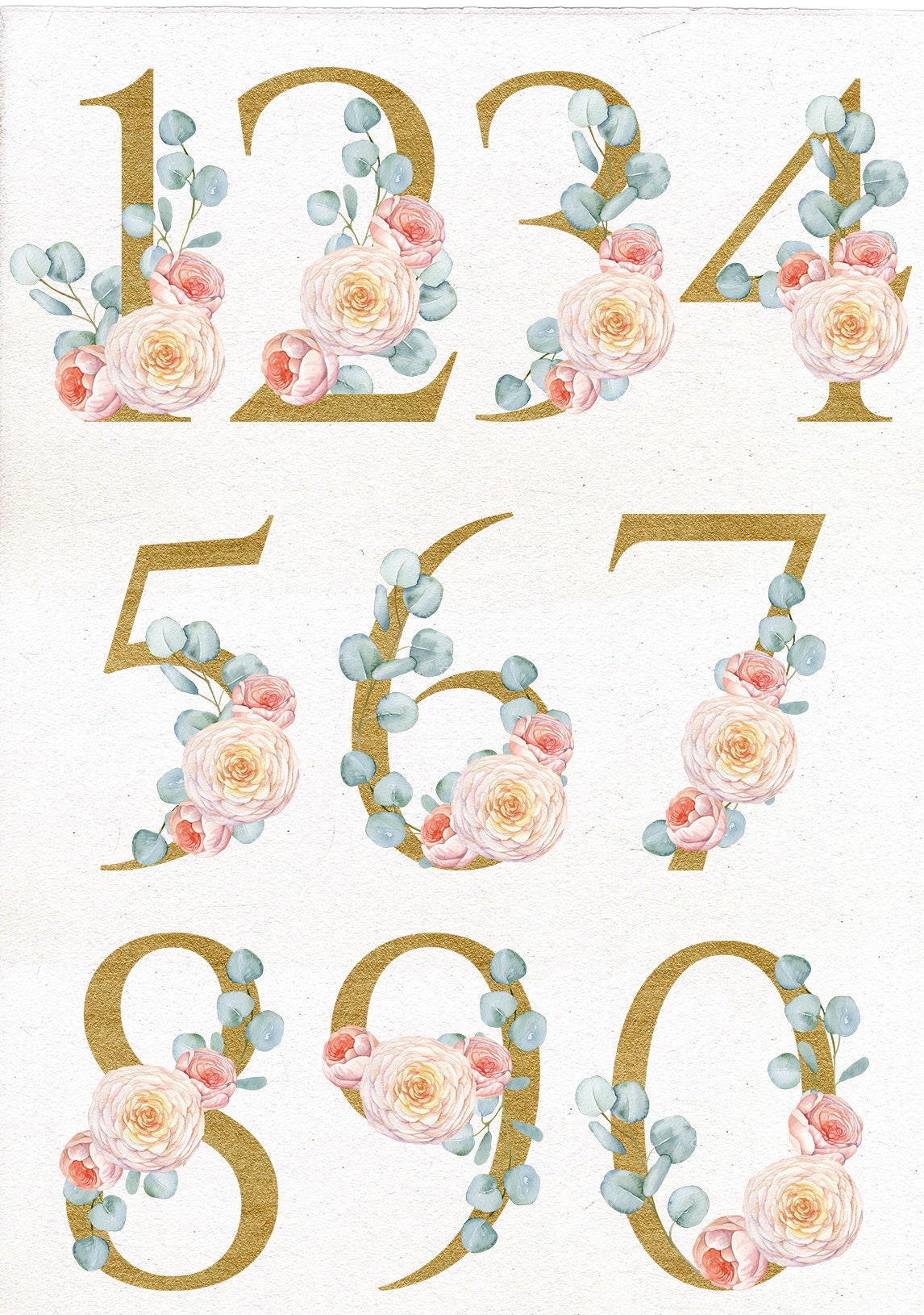 Watercolor Floral Golden Number Clip Art Digital Wedding - Etsy