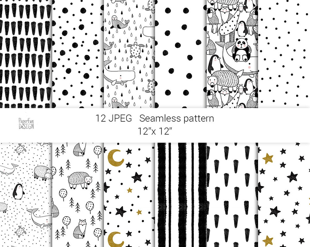 Digital Paper Pack. Seamless Patterns Black and White Scandinavian ...