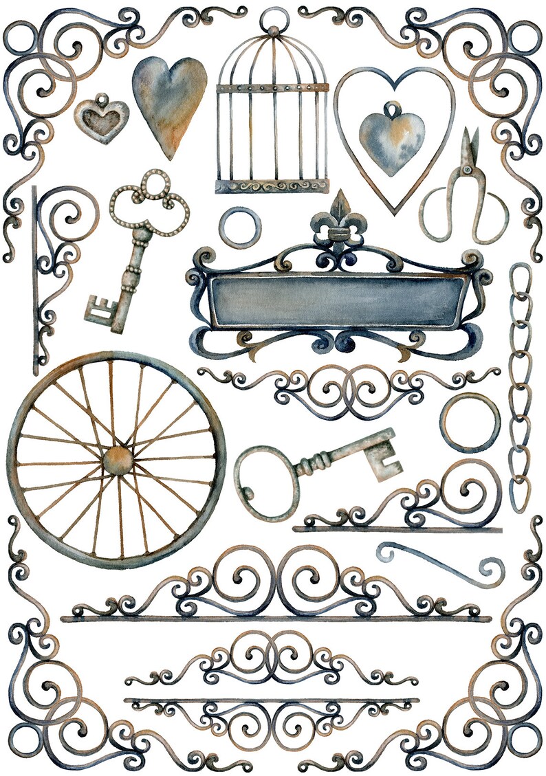 French Country Iron Rusty Decor. Watercolor Farmhouse - Etsy