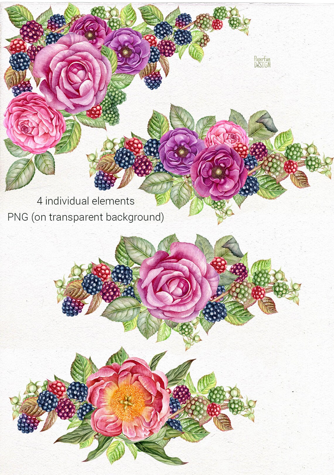 Watercolor Summer Bouquets Clip Art. Pink Flowers and - Etsy
