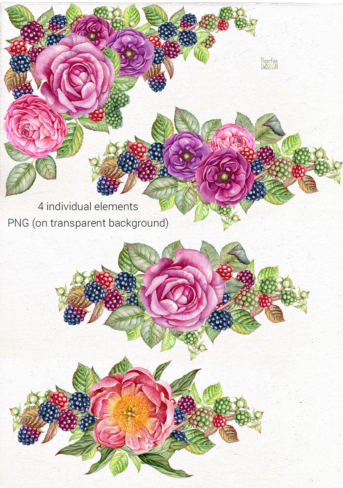 Watercolor Summer Bouquets Clip Art. Pink Flowers and Blackberry ...