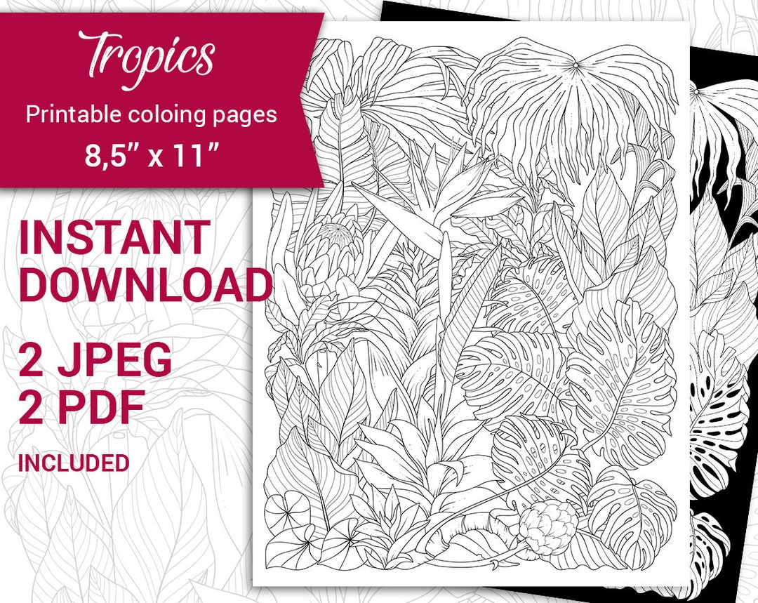 PDF, JPEG Digital Adult Coloring Tropical Page, Botanical Printable ...
