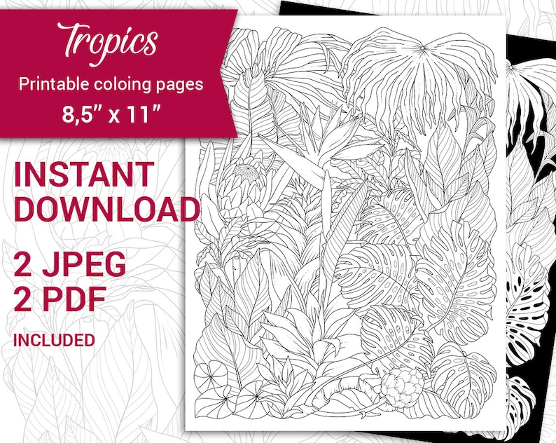 PDF JPEG Digital Adult Coloring Tropical Page Botanical - Etsy