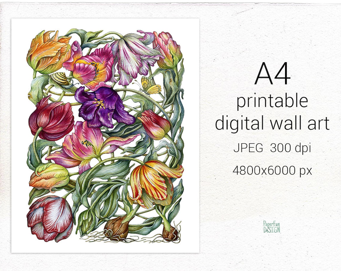 Printable Tulips. Botanical Print, Poster. Printable Botanical Wall Art ...
