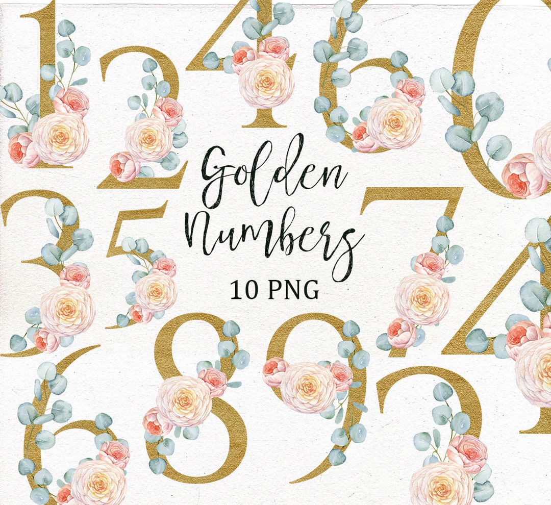 Watercolor Floral Golden Number Clip Art, Digital Wedding Number ...