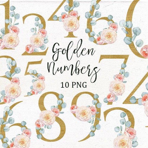 Watercolor Floral Golden Number Clip Art Digital Wedding - Etsy