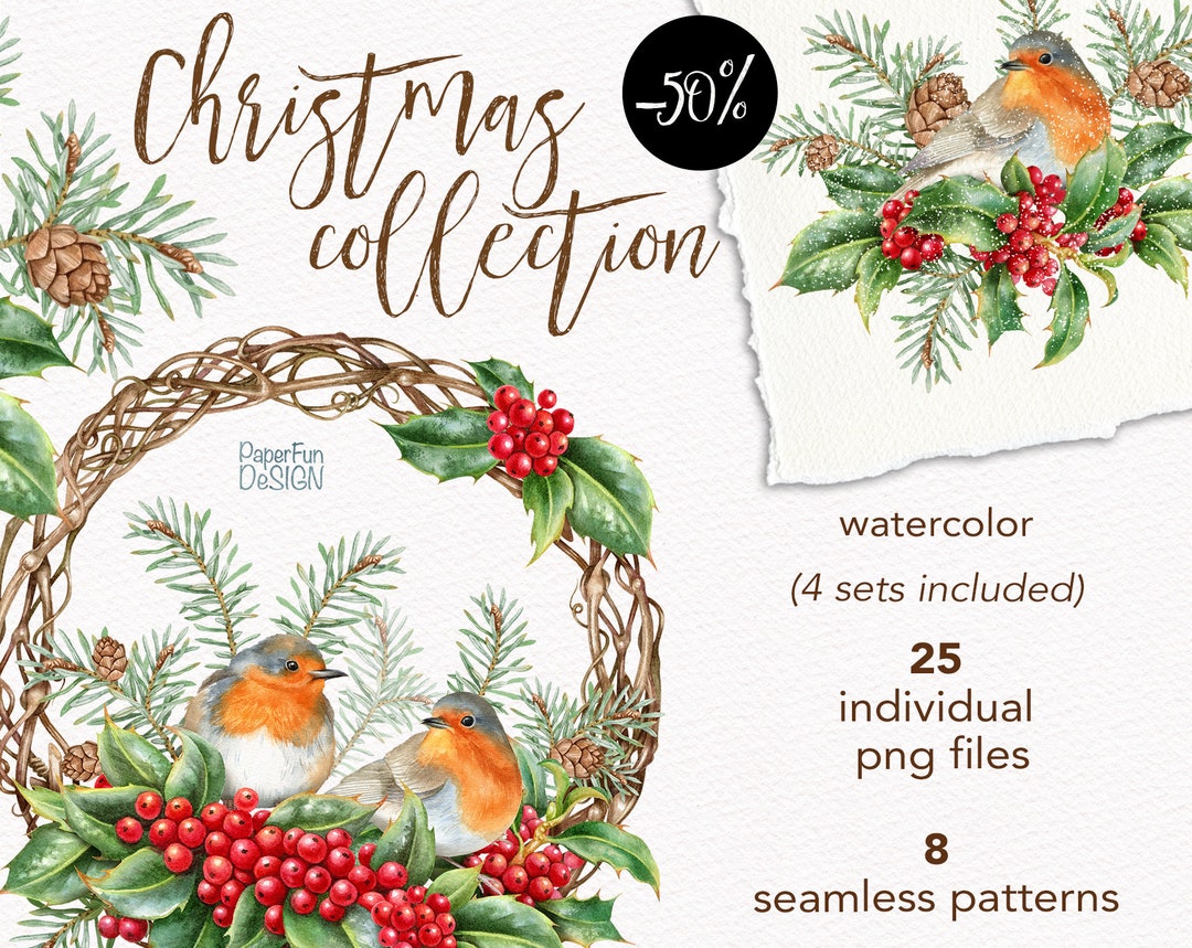 Watercolor Christmas Collection Clipart. Winter Robin Birds, Holly ...
