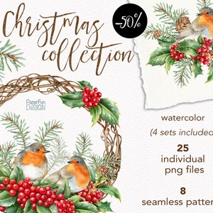 Watercolor Christmas Collection Clipart. Winter Robin Birds, Holly ...