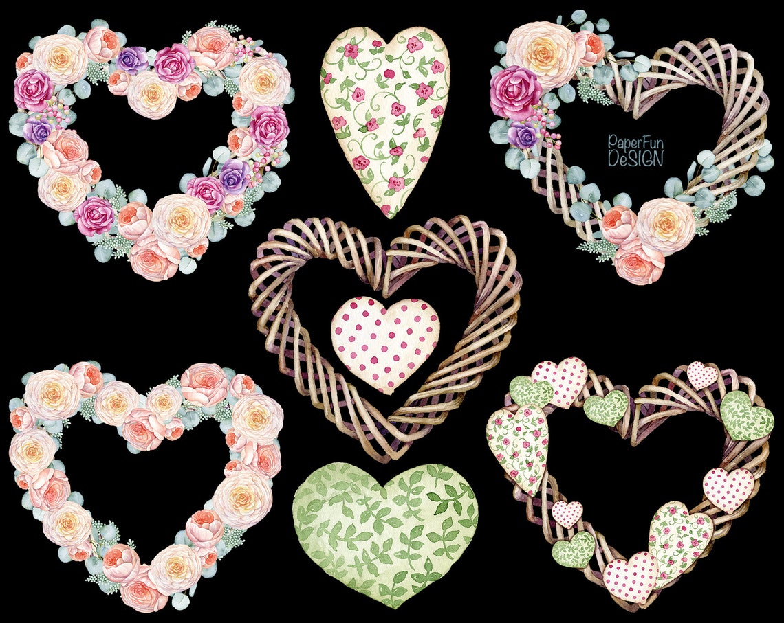 Watercolor Heart Clipart. Watercolour Floral Wreath Clip Art, Country ...