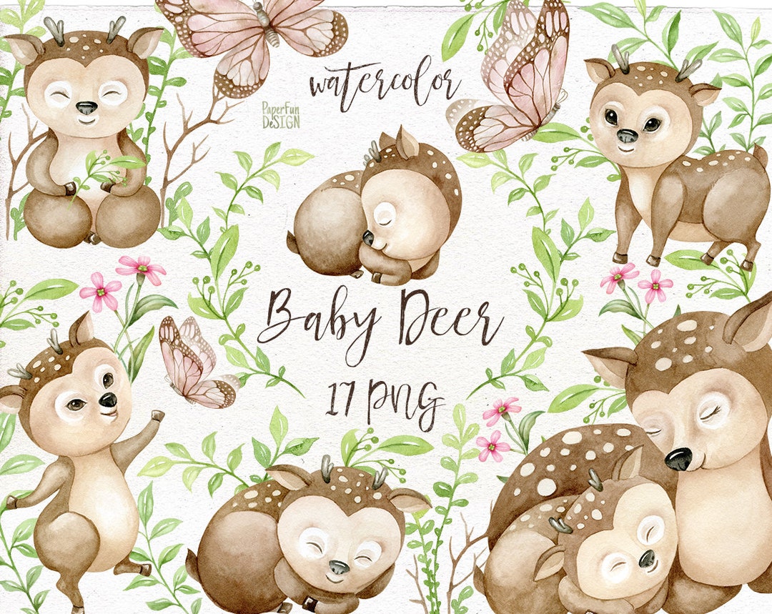 Watercolor Woodland Cute Animals, Baby Deer, Fawn Forest Clip Art. Kids ...