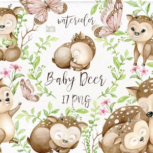 Watercolor Woodland Cute Animals, Baby Deer, Fawn Forest Clip Art. Kids ...