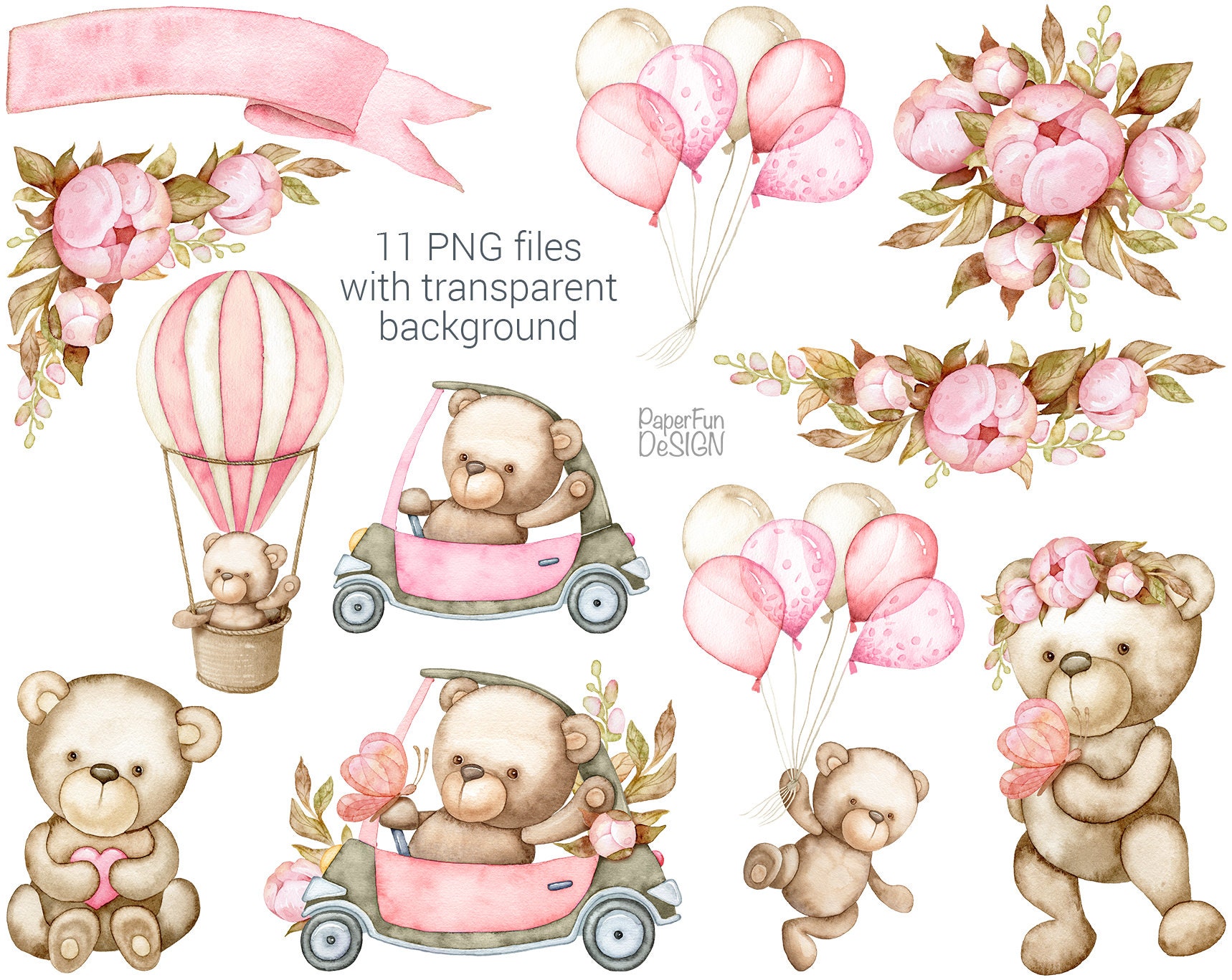 Watercolor Teddy Bear clipart. Baby Girl Kid clip art. Floral | Etsy