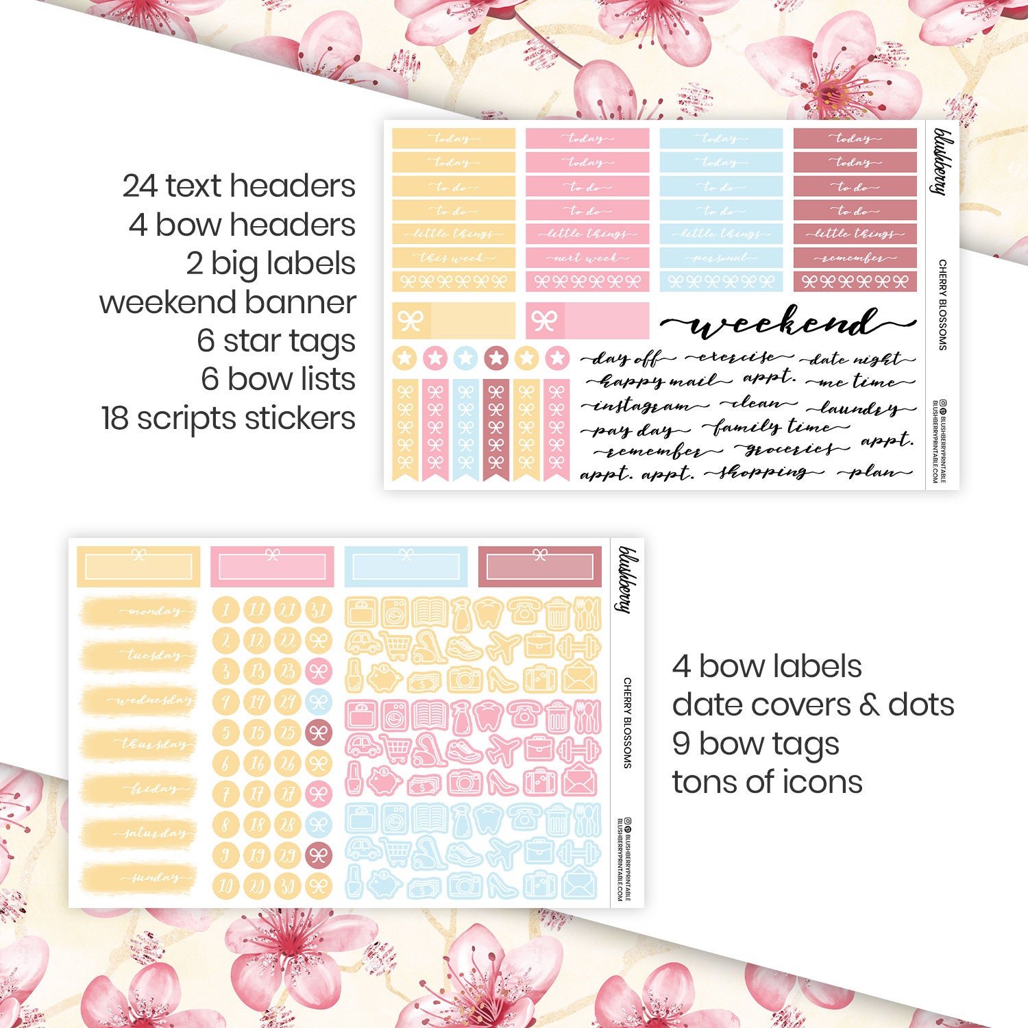 Cherry Blossoms Planner Stickers, Spring Weekly Kit, Printable Weekly ...