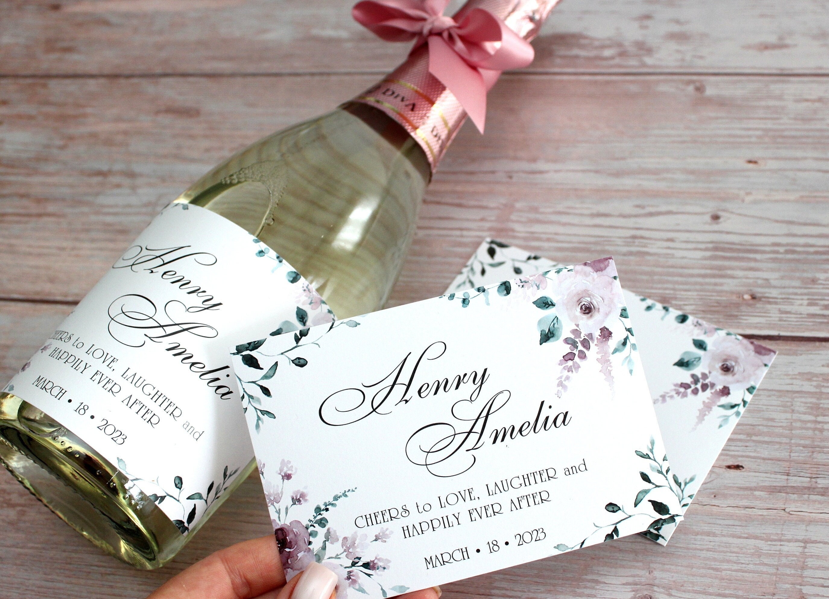 Wedding Champagne Bottle Labels With Dusty Roses - Cheers to Love ...