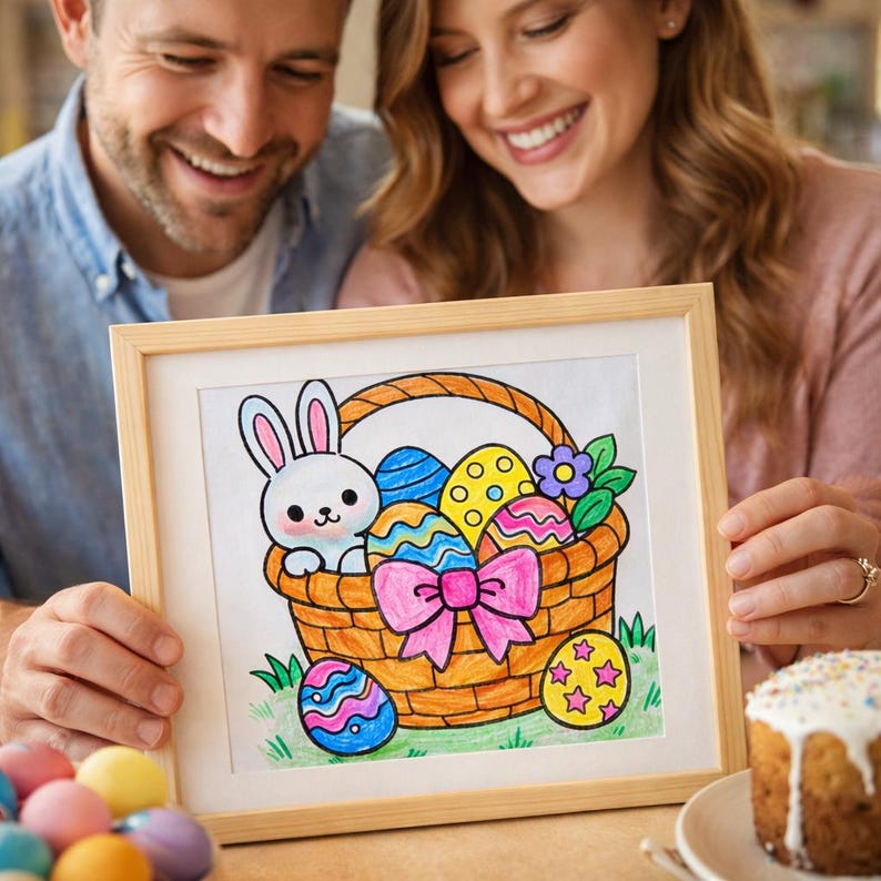 Easter Basket Coloring Page SVG, Bunny Eggs Craft Template (digital ...