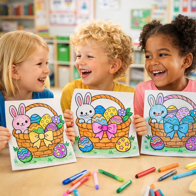 Easter Basket Coloring Page SVG, Bunny Eggs Craft Template (digital ...
