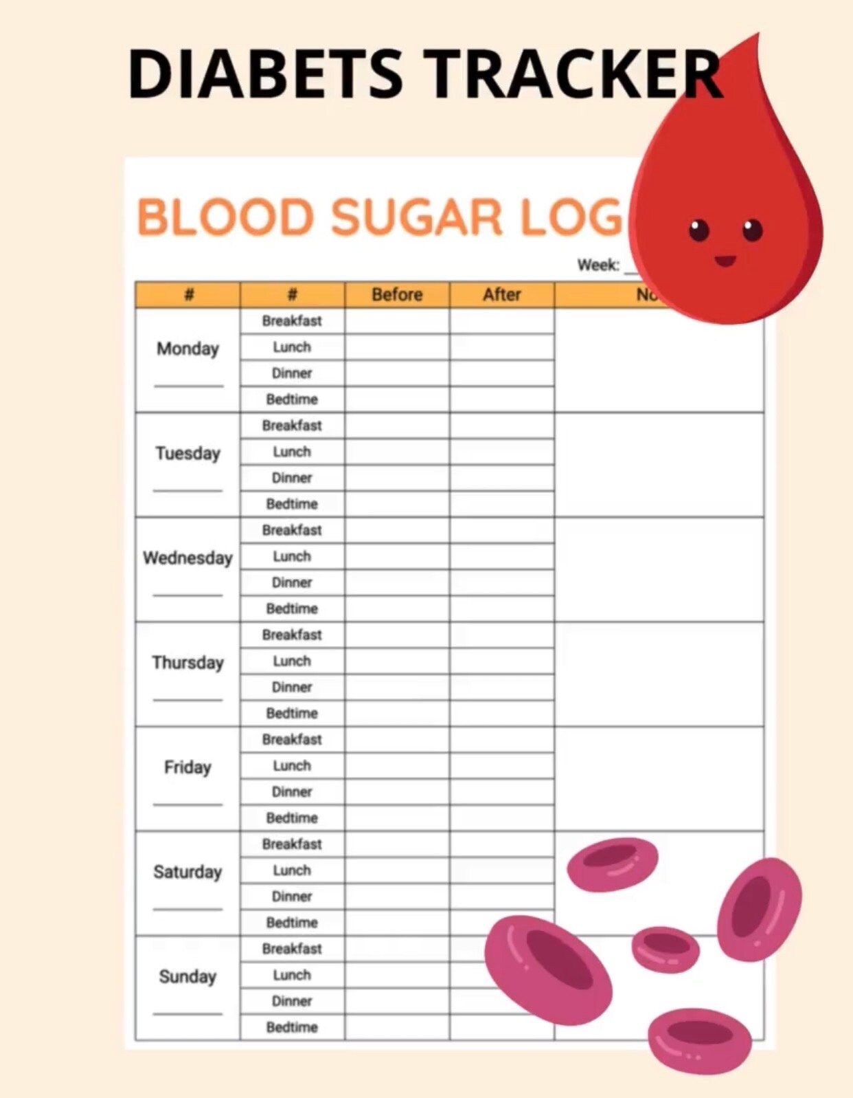 Weekly Diabetes Record PDF Printable Diabetes Tracker Sheet Insulin ...