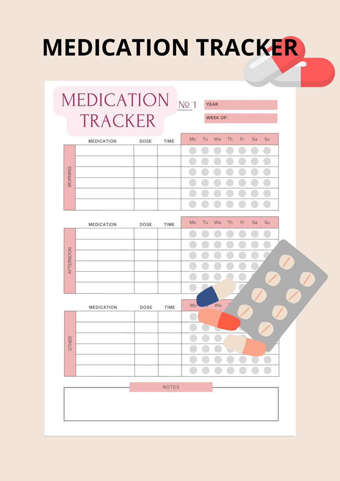 Weekly Medication Tracker–printable PDF for Morning, Afternoon, Evening ...
