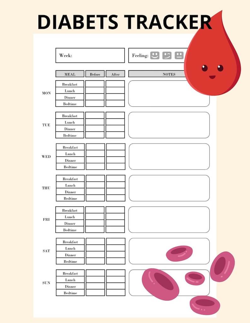 Weekly Diabetes Record PDF Printable Diabetes Tracker Sheet Insulin ...