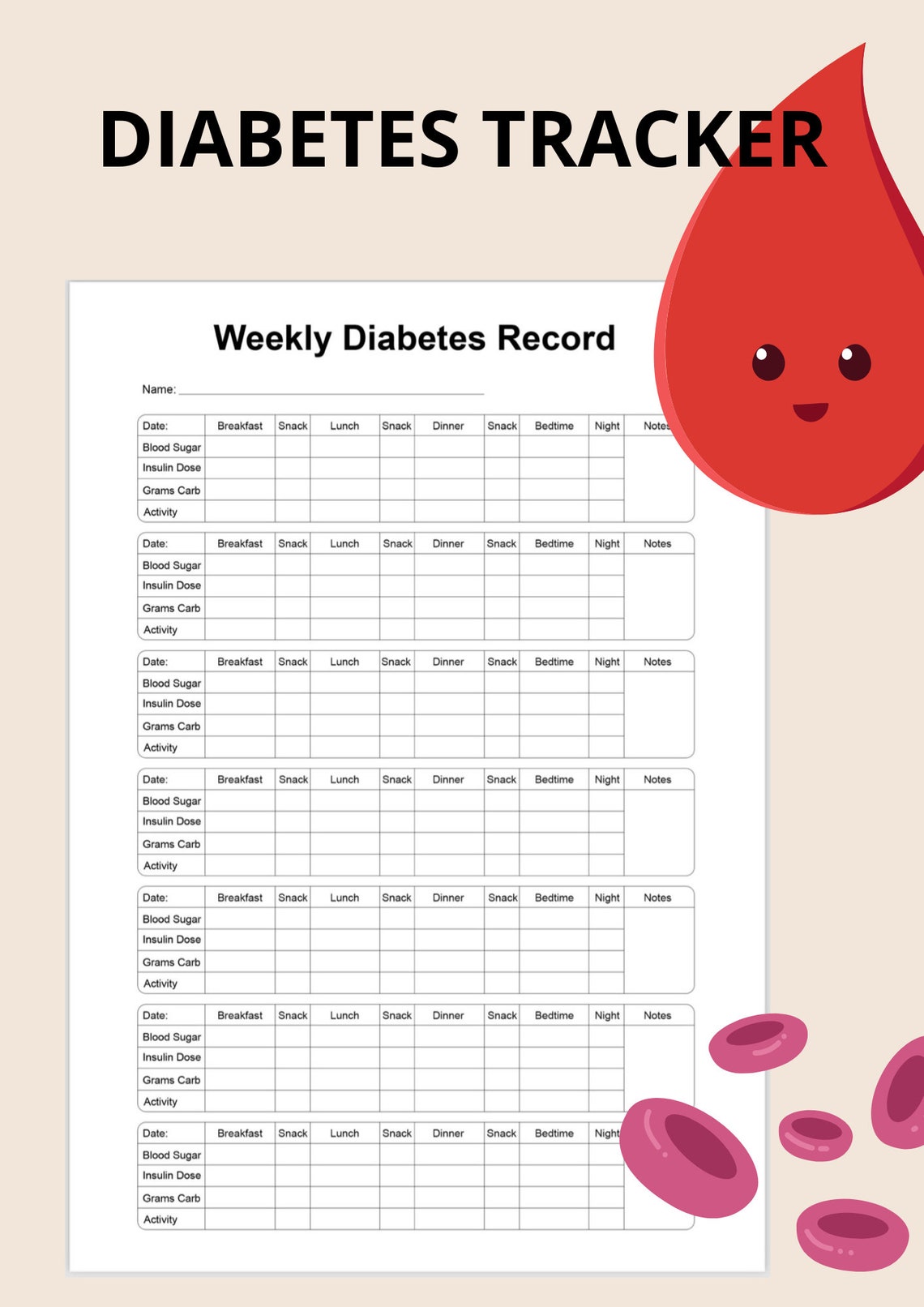 Weekly Diabetes Record PDF Printable Diabetes Tracker Sheet Insulin ...