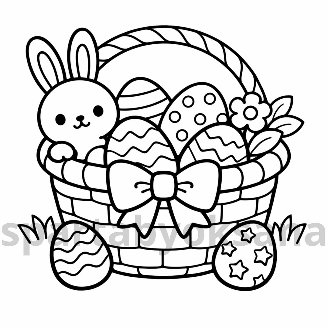 Easter Basket Coloring Page SVG, Bunny Eggs Craft Template (digital ...