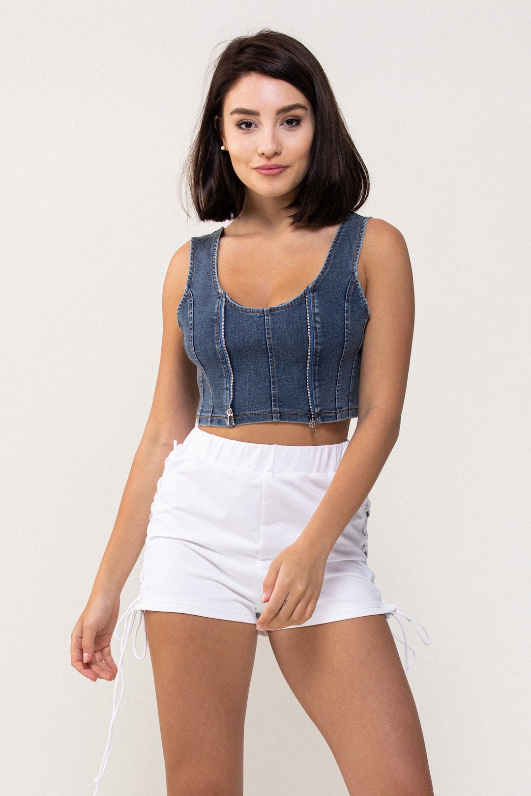 Zipper Detailed Denim Crop Tank Top - Etsy
