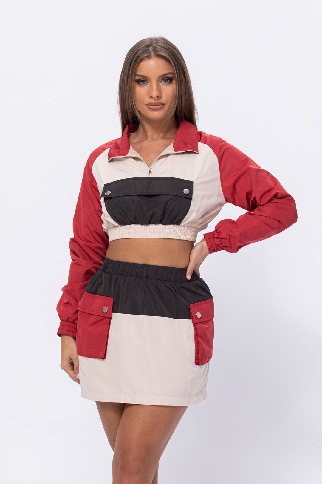Color Block Wind Breaker Crop Top and Skirt Set - Etsy