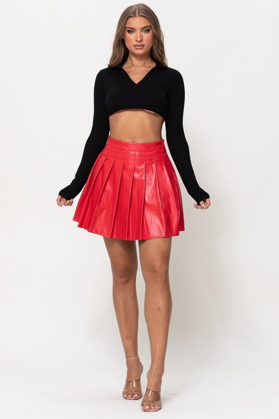 PU Pleated Solid Colored Mini Skirt With Lined Shorts - Etsy