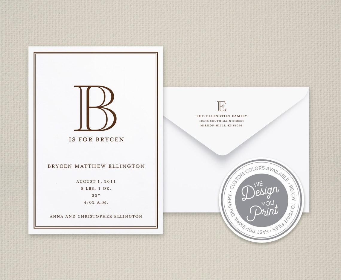 Printable Letter Initial Monogram Baby Birth Announcement, Digital File ...