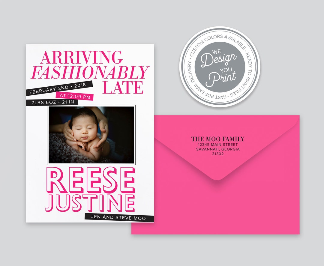 Printable Arriving Fashionably Late Photo Baby Birth Announcement ...