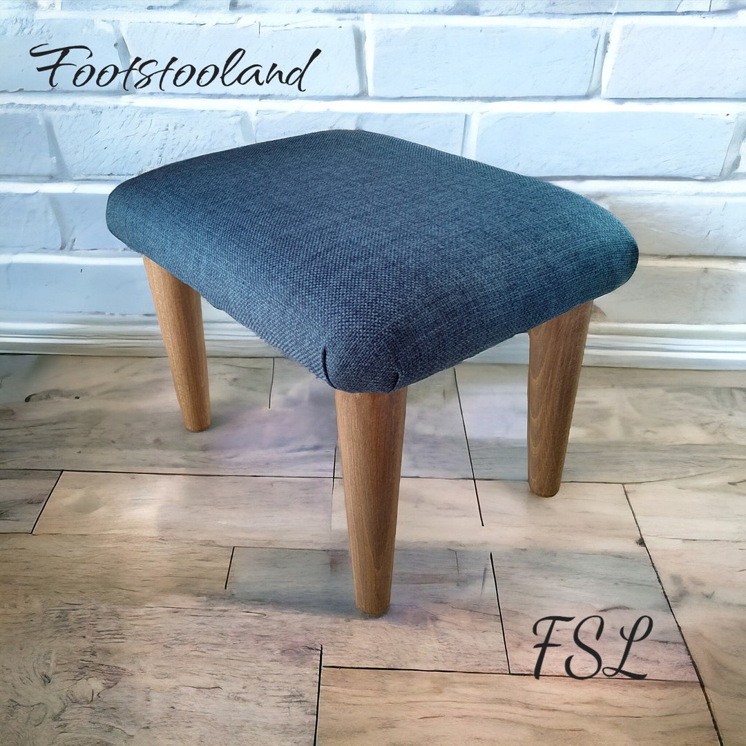 Upholstered Footstool: Small Linen Look Ottoman With Wood Legs. SD - Etsy