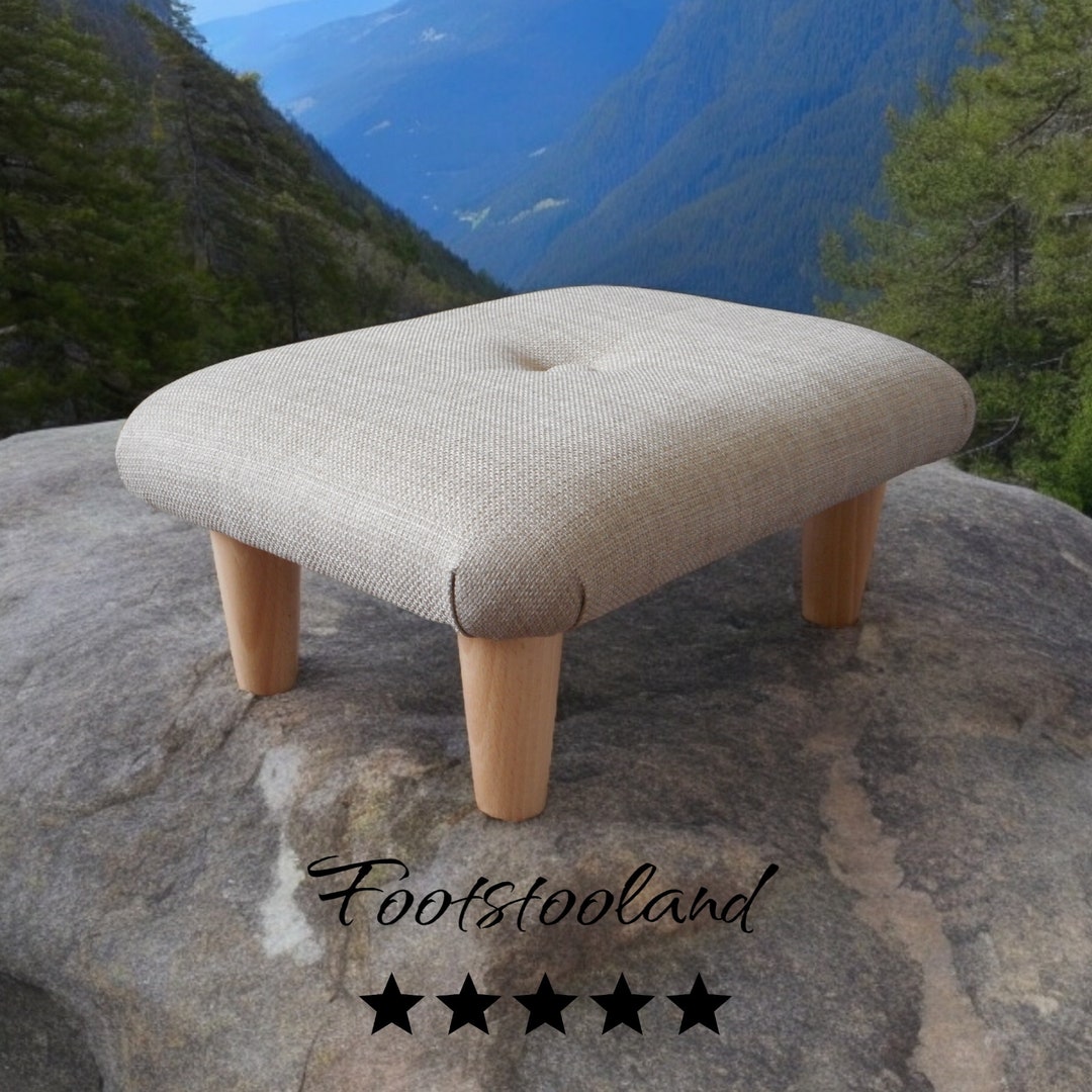 Buttoned Linen Look Footstool: Solid Wood Legs, Upholstered Footrest ...