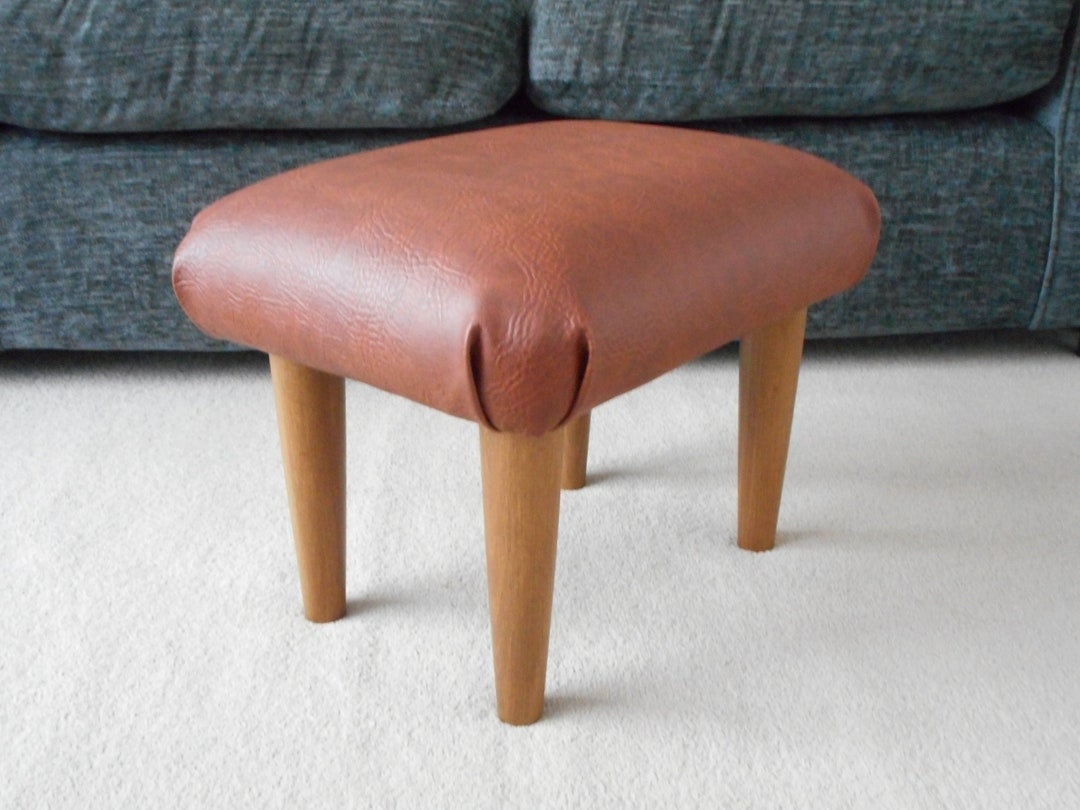 Brown Footrest Faux Leather 19-29 Cm Tall Small Footstool With Wooden ...