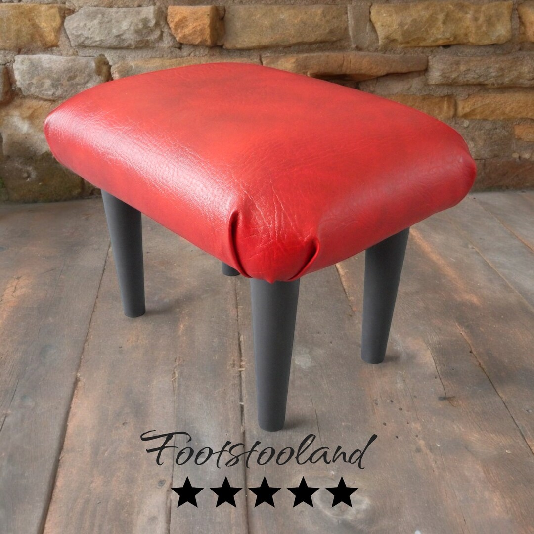 Red Faux Leather Footstool: Handmade Upholstered Stool With Wooden Legs ...