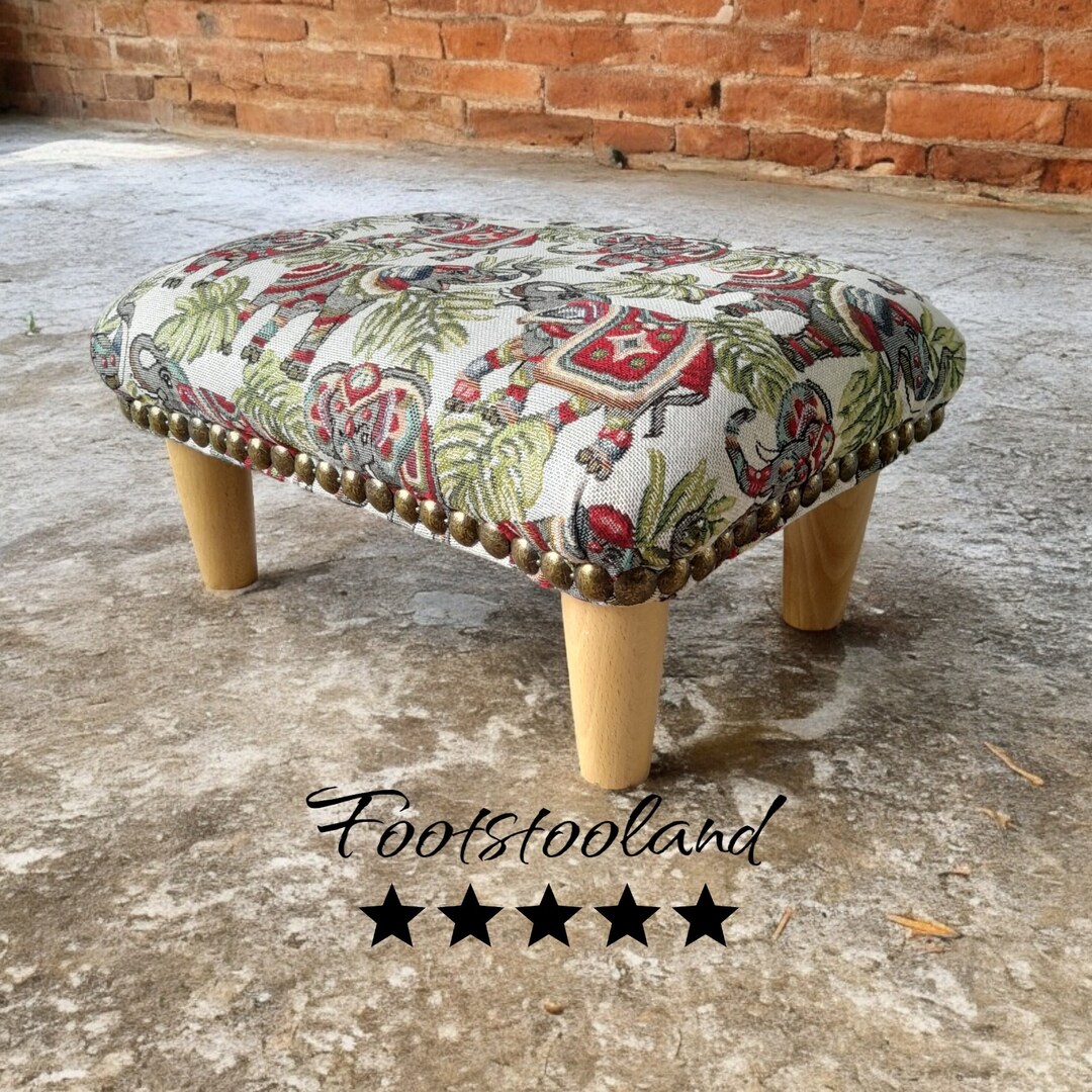 Handmade Elephant Fabric Footstool: Studded Stool With Wooden Legs, Bed ...