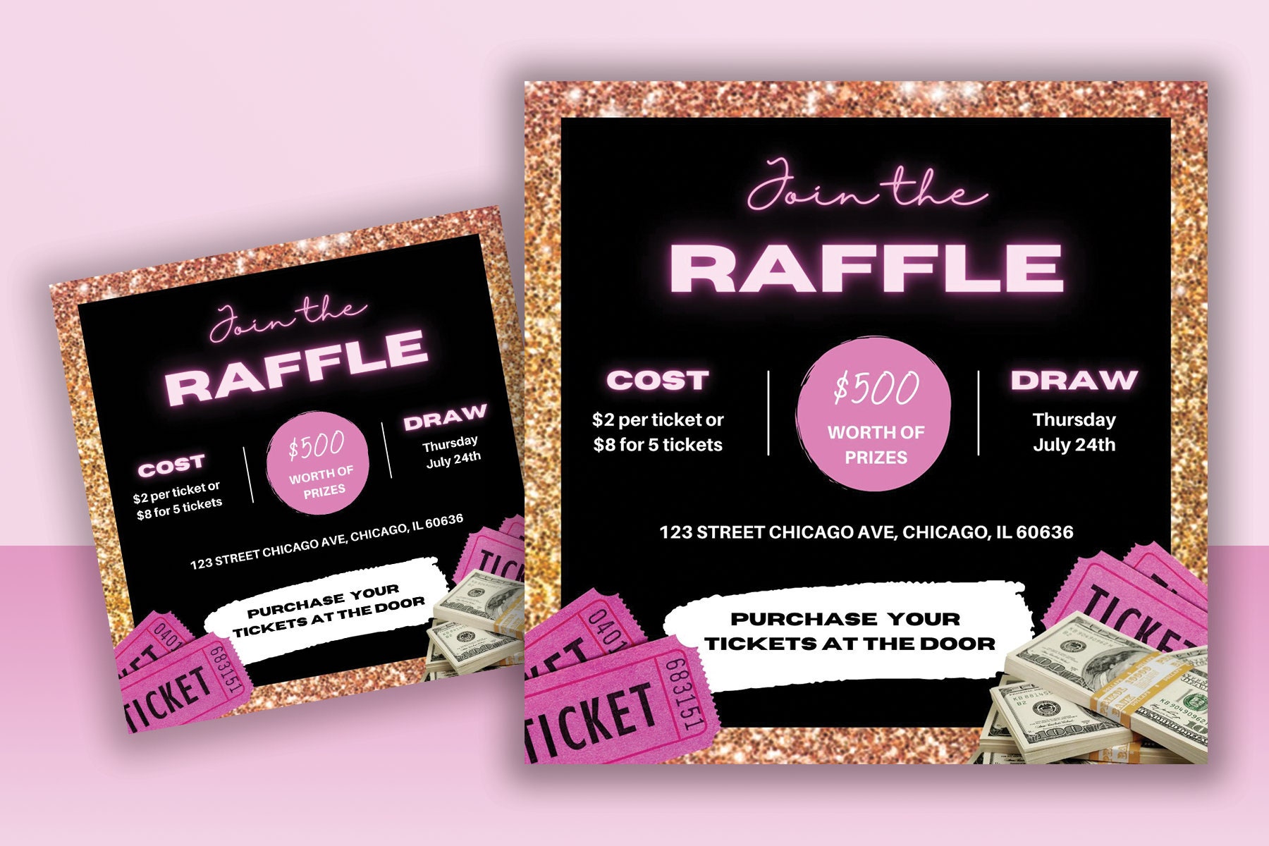 Raffle Flyer Template Pink, Glitter, and Gold Edit in Canva - Etsy