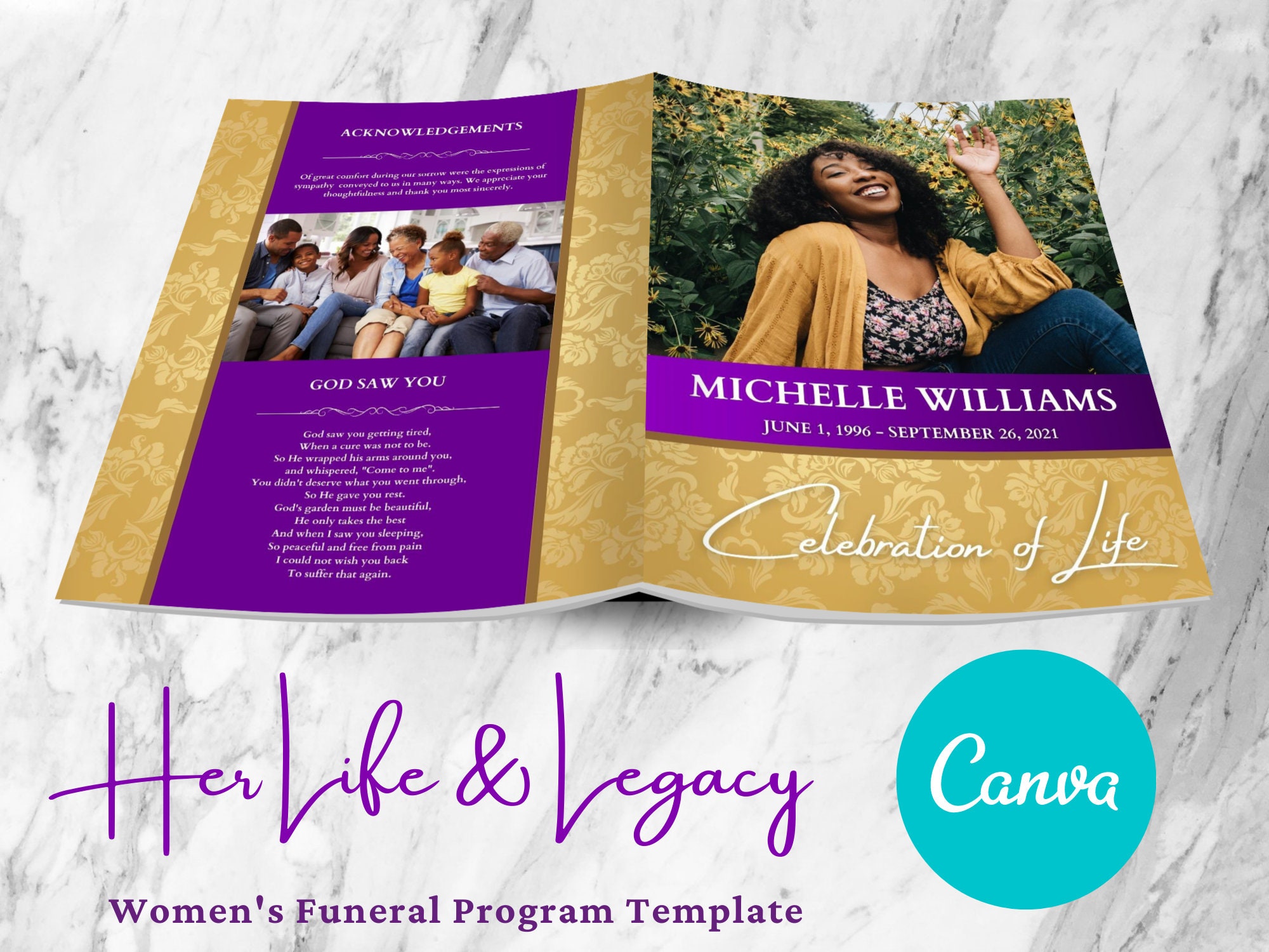 Royalty Purple Women's Funeral Program Template Editable Canva Template ...