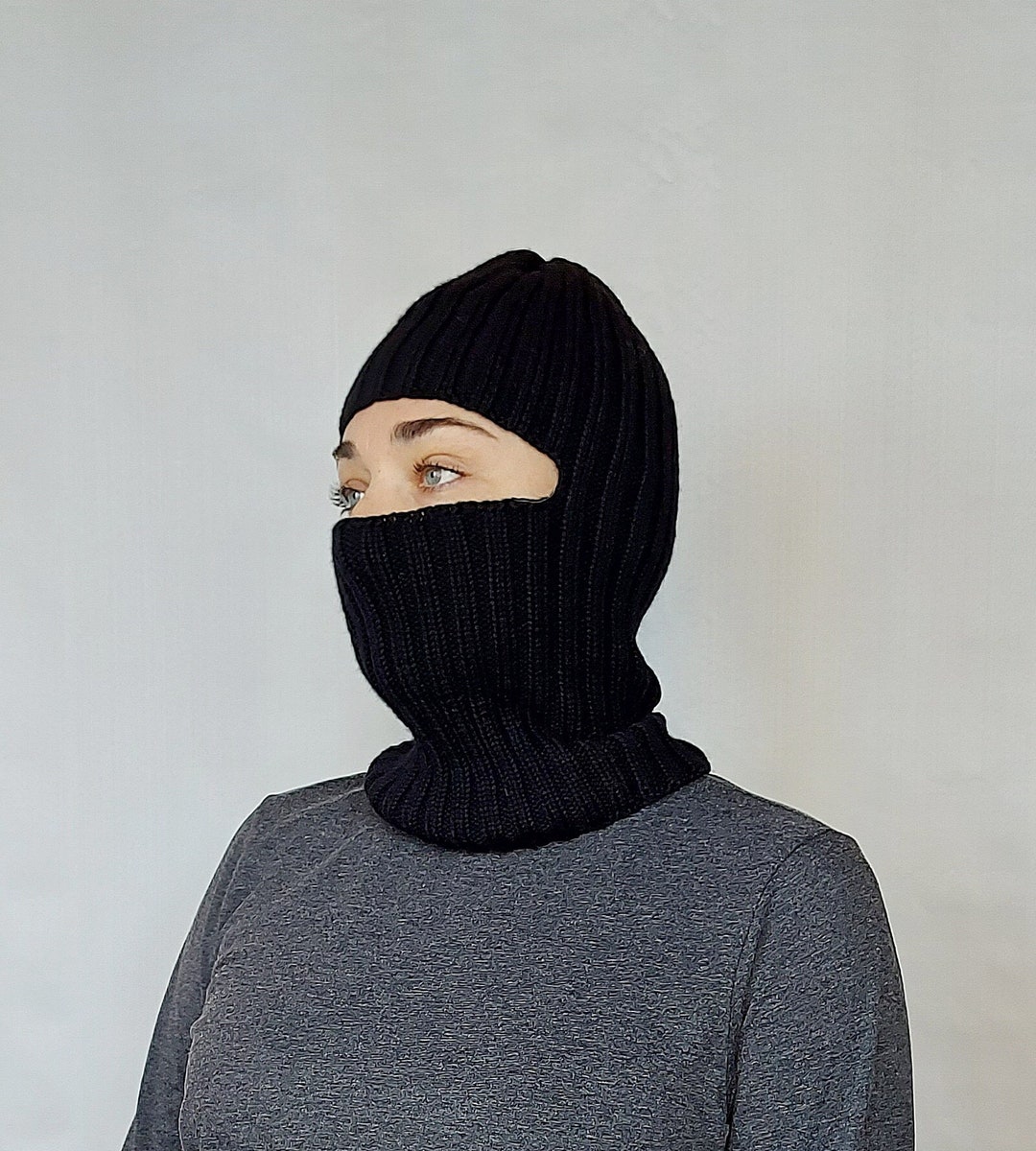 Black Balaclava Face Mask - Wool Rib Knit Balaclava - Men's Balaclava ...