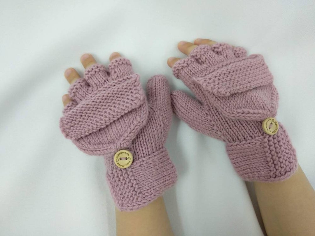 Childrens Flip Top Open Finger Gloves/mittens, Merino Wool Knit Half ...