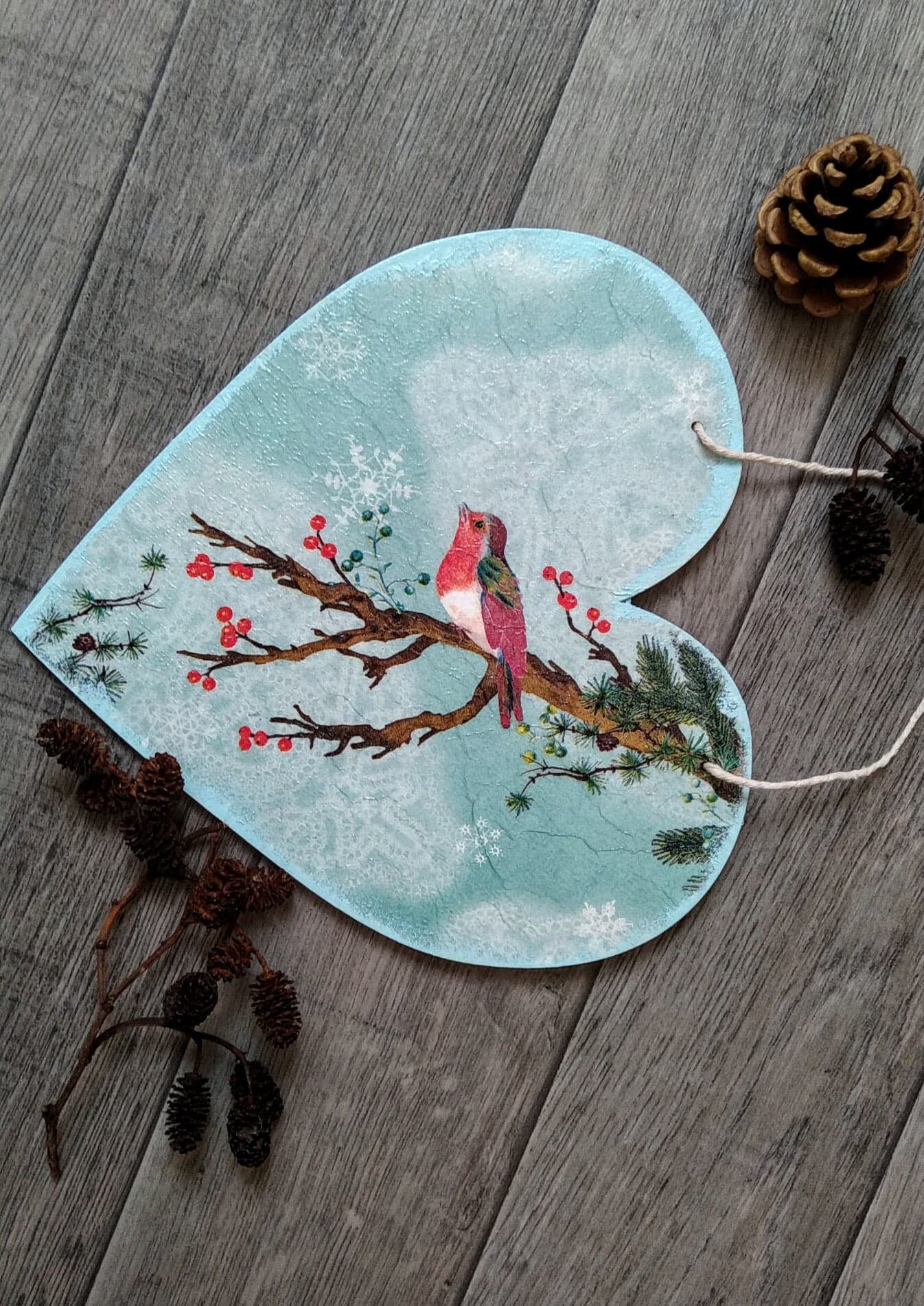 20cm Handmade Decoupage Heart/ Decoupage Heart With Birds/home ...