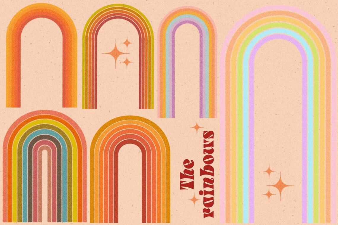 Retro Rainbows Illustration Pack - Vector & PNGS - 70s Rainbow ...